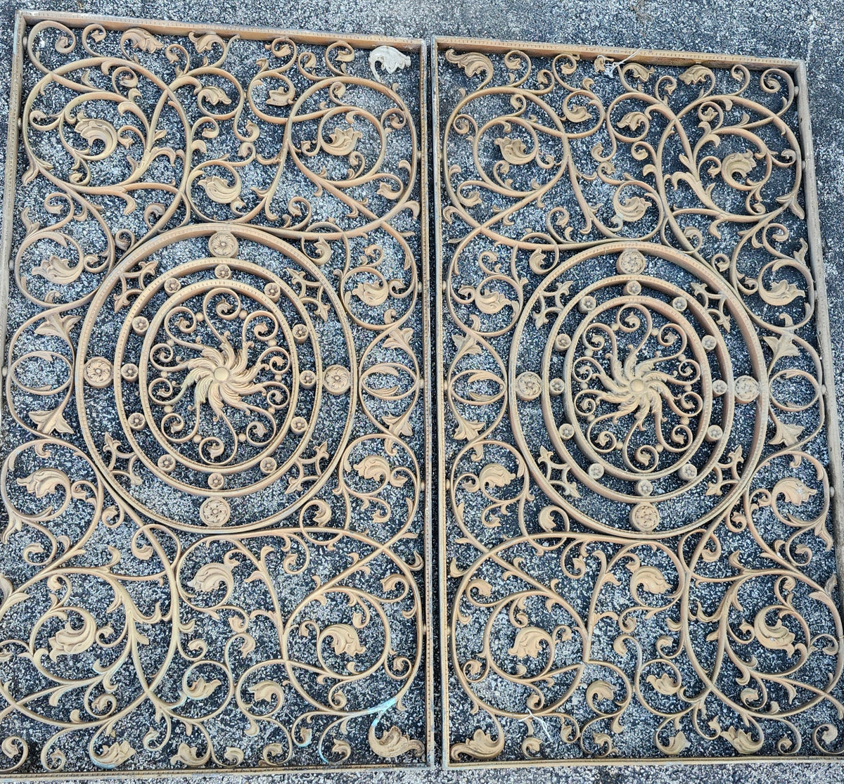 PAIR GOLD CAST IRON FANCY PANELS — Lots of Furniture
