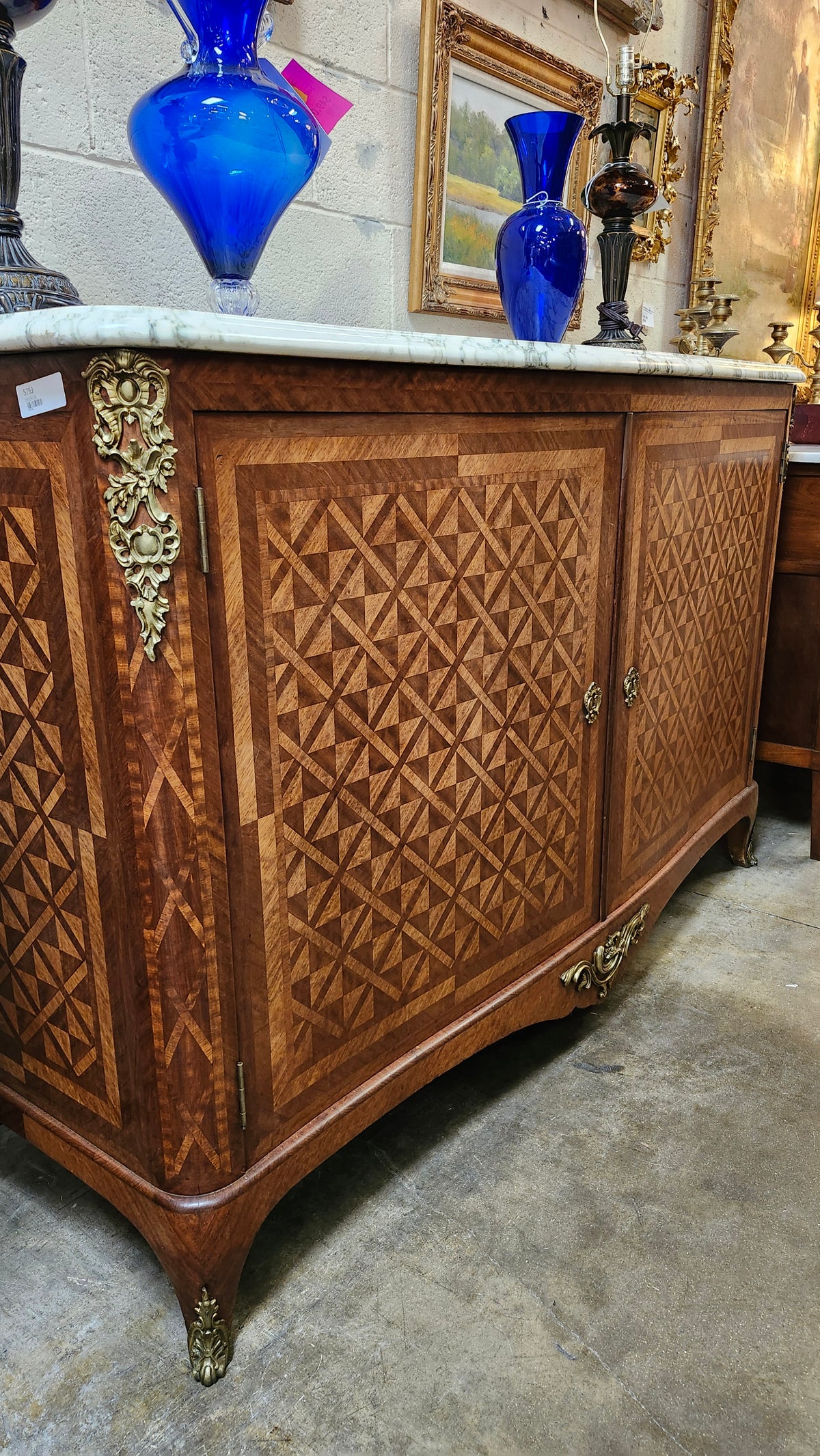 LOUIS XV MARBLE TOP 2 DRAWER SERVER WITH MARQUETRY — Lots of Furniture