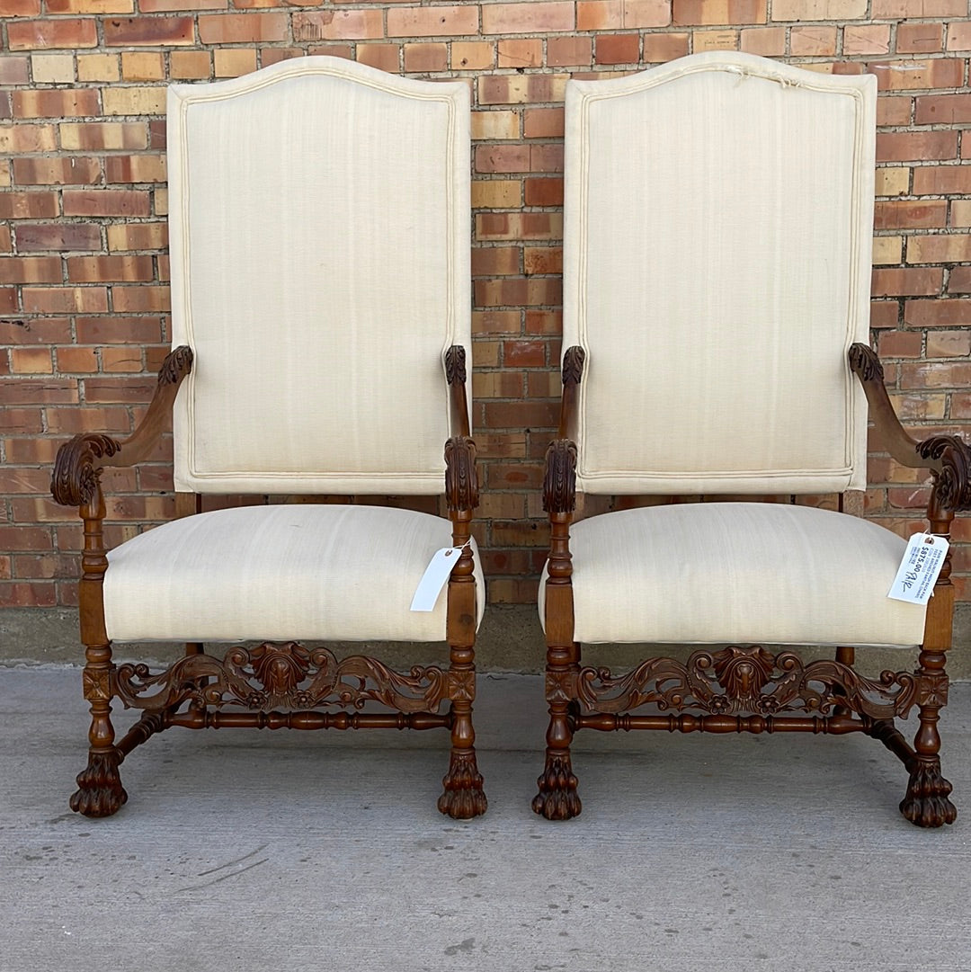 PAIR WALNUT HIGH BACK PAW FEET ARCHED FAUTEUIL CHAIRS — Lots of Furniture